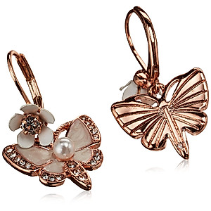 Betsey Johnson Rose Gold Butterfly Drop Earring,White,One Size