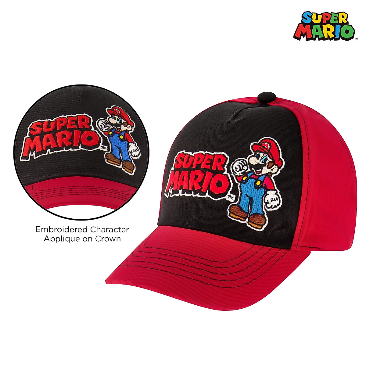 Nintendo Boys Baseball Cap, Super Mario Adjustable Kids Hat for Ages 4-7 Red/Black