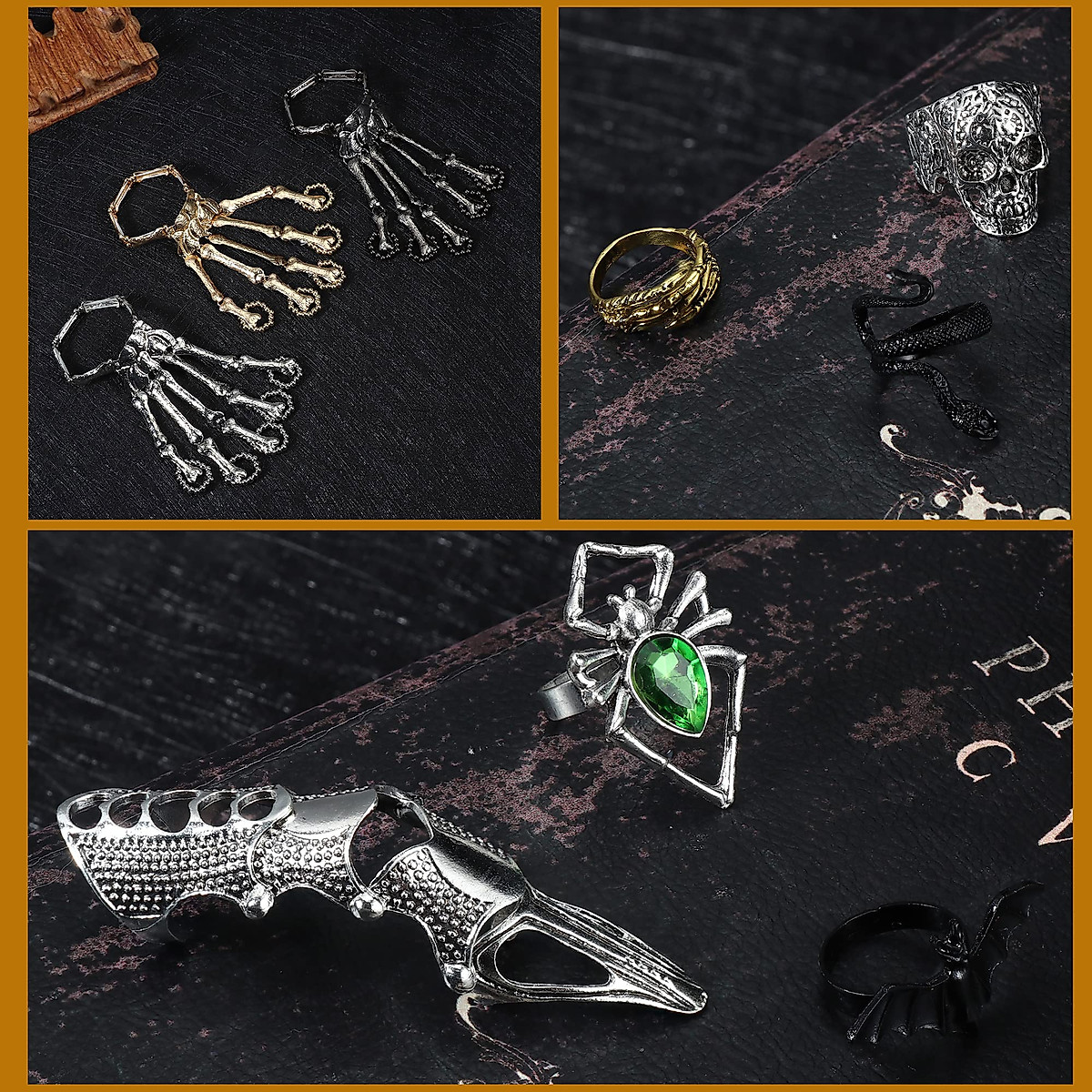 Sanfenly 9Pcs Gothic Rings for Women Men Skull Skeleton Hand Bracelet with Rings Cosplay Rock Knuckle Joint Full Finger Statement Ring, Cool Punk Rings Bat Snake Spider Adjustable Ring Set