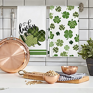 AnyDesign St. Patrick's Day Shamrock Kitchen Towel Green Check Plaids Clover Dish Towel 18 x 28 Inch Lucky Green Hand Drying Tea Towel for Irish Holiday Cooking Baking Cleaning Wipes, Set of 2