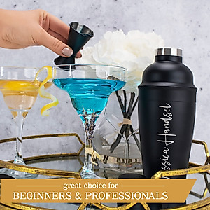 Custom Bartender Kit, Engraved Cocktail Shaker Set, Personalized w/Name, 18 Oz Black Stainless Steel Martini Shaker w/Strainer, Jigger & Spiral Cocktail Spoon, Gifts for Men