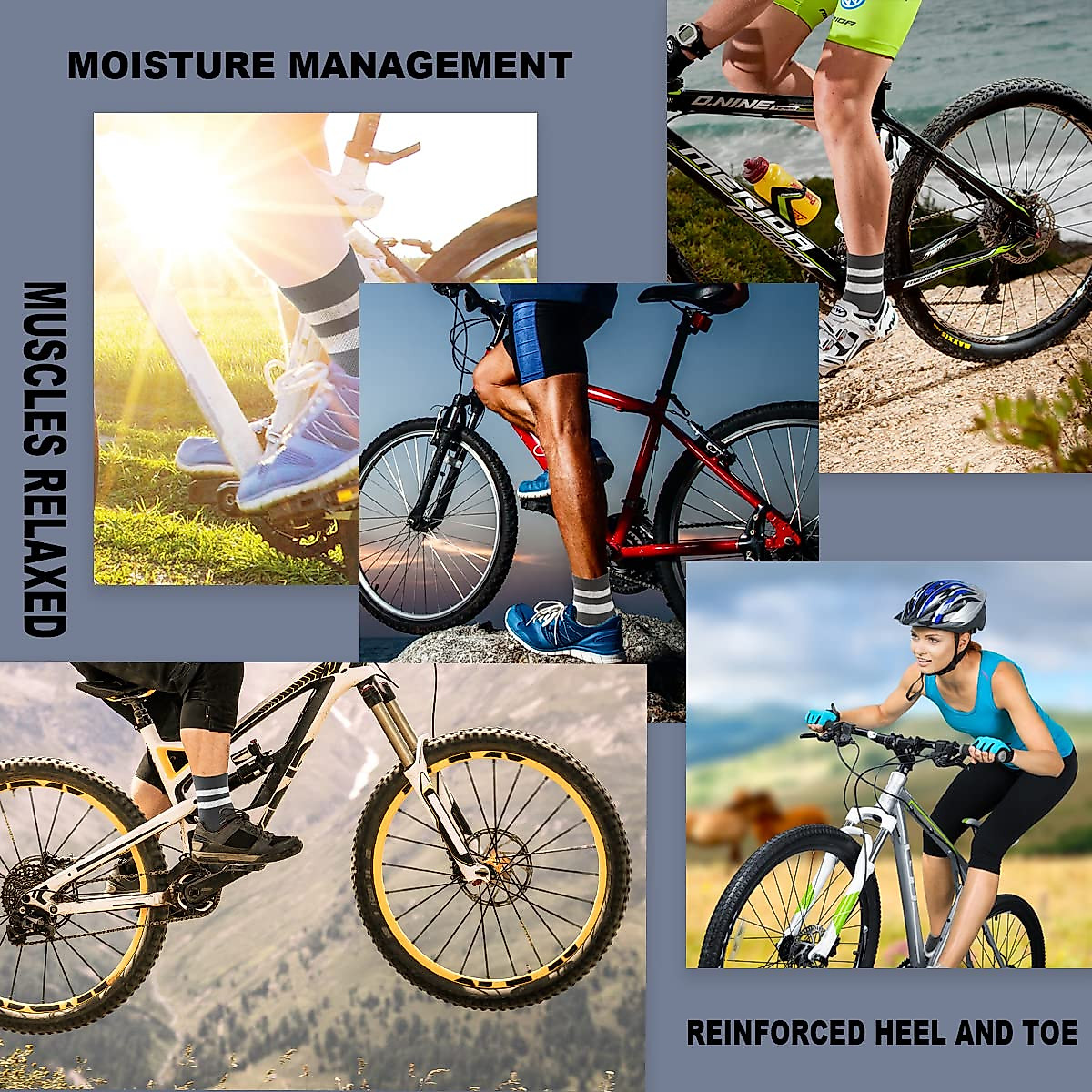 BOBILIFE Cycling Biking Socks 2 Pairs, Ergonomic Moisture Wicking Breathable Cushion Shock Absorption Quarter Crew Riding Socks, Men & Women