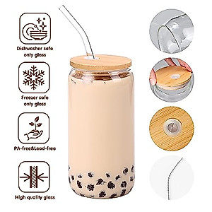 Moretoes 8pcs 16oz Glass Cups with Lids and Straws, Glass Iced Coffee Cups Drinking Glasses Set, Cute Tumbler Cup Boba Bottle for Jumbo Smoothie, Bubble Tea, Cold Brew,Soda, Juice