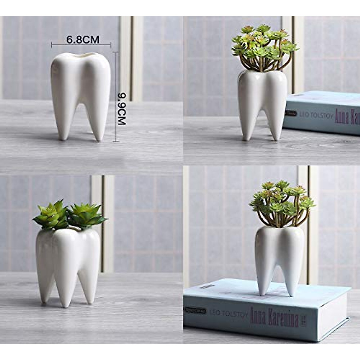 MONMOB Ceramic Tooth Shaped Pen Pencil Toothbrush Holder Pot Succulent Plant Pot Home Office School Dentists Gift (3.9")