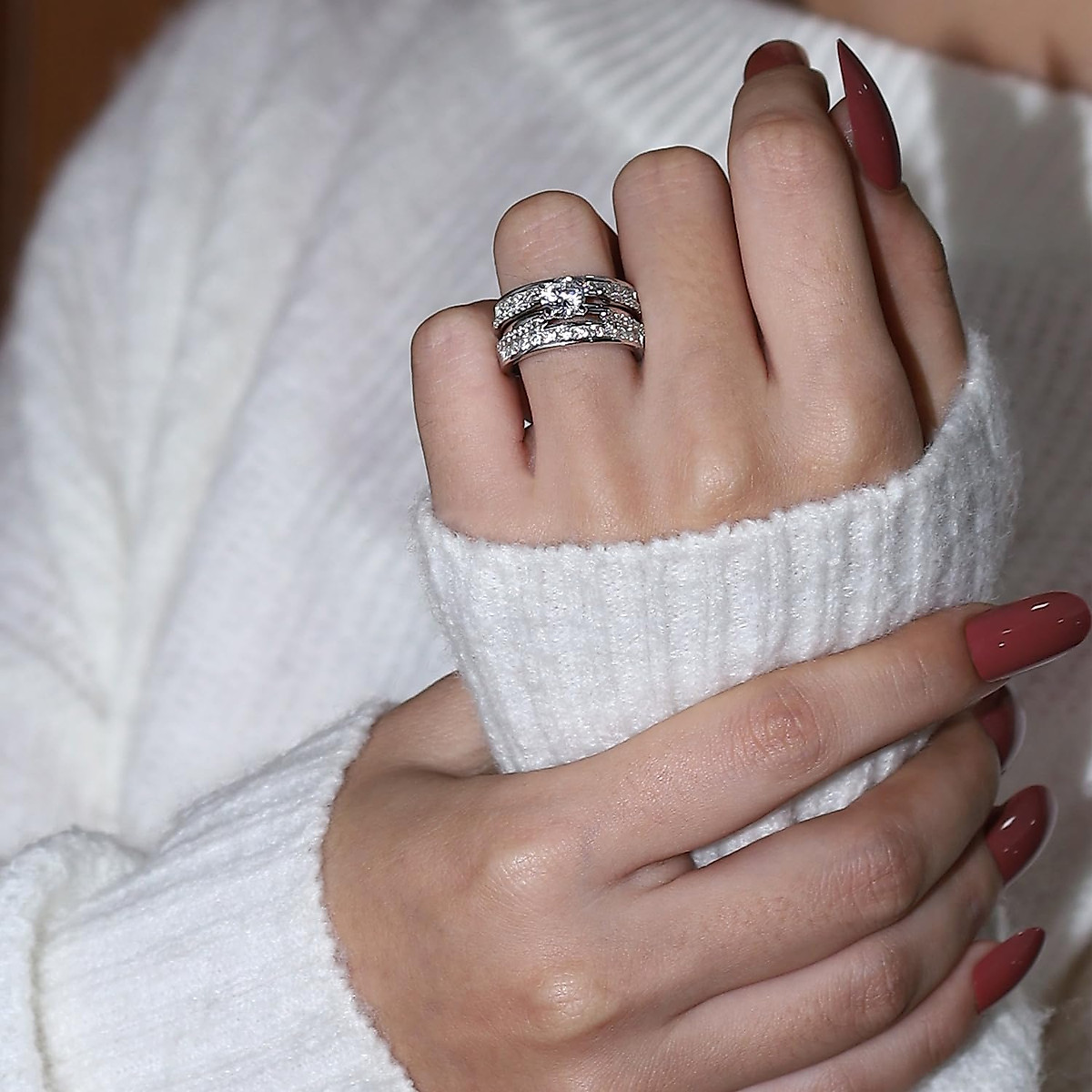 SAVEARTH DIAMONDS 1CT Round Lab Created Moissanite Diamond Combination Cathedral & Classic Enhancer Ring Guard In 14K White Gold Over Sterling Silver (1Cttw)-6.5