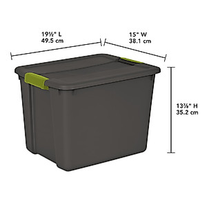 Sterilite 12 Gallon Rectangular Plastic Latching Tote Storage Container with Indexed Lid and Green Molded Handles for Home Organization, Gray, 6-Pack