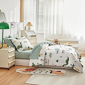 Joyreap Bed in a Bag Cotton, Dinosaur Theme Fresh Green, Twin Size 6-Piece Cotton Bedding Comforter Set for Kids Boys n Girls- 1 Comforter, 2 Pillow Shams, 1 Flat Sheet, 1 Fitted Sheet, 1 Pillowcase