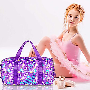 Gym Bag for Girls, Kids Duffle Bag for Travel, Girl Dance Duffel Bags with Shoe Compartment Weekender Overnight Bag, Mermaid