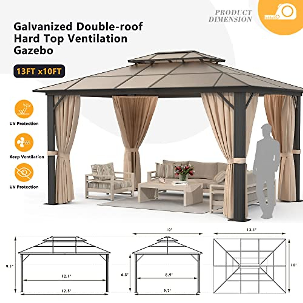 Jolydale 10X13 Hardtop Gazebo, Aluminum Frame with Double Mesh Screen, UV Protection, Suitable for Patios, Decks, Gardens, Lawns and Pools