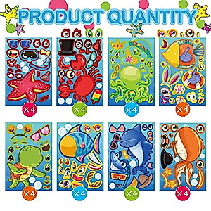 32 Sheets Reusable Make-A-Sea Face Stickers Ocean Animals DIY Art Craft Rewards for School Kid Teacher Summer Mermaid Party Favor Sticker for Birthday Gift Children Room Ocean Decorated