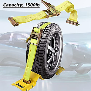 NovelBee Wheel Chock Tie Down Kit, Trailer Tie Down System for UTV, ATV & Mower (Yellow Wheel Chock & Yellow Strap)