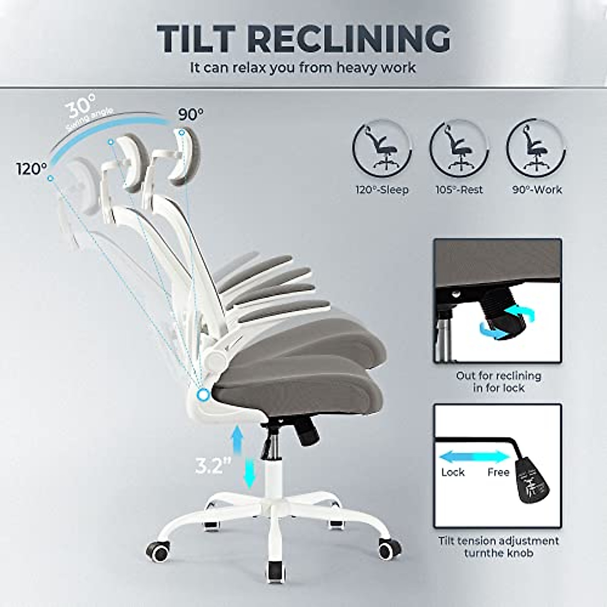 COLERLINE Home Office Chair Ergonomic Swivel Task Desk Chair Adjustable Headrest with Flip-Up Arms, Tilt Function, Lumbar Support & PU Wheels, Swivel Computer Task Chair for Men Women Adults 300lbs