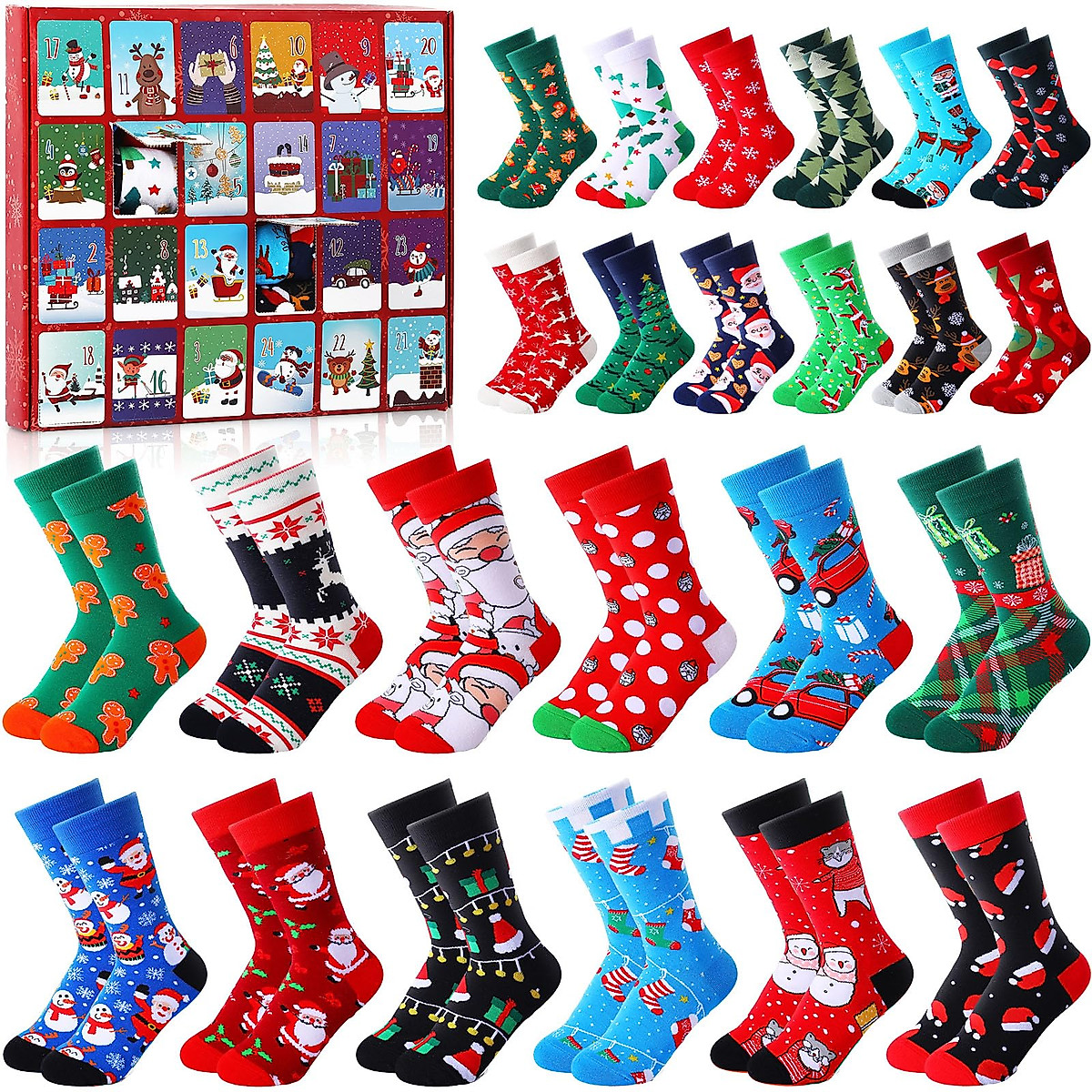 Liitrsh 24 Pairs Christmas Sock Advent Calendar 2023 Unisex Socks Set 24 Days Countdown Calendar Gift for Adults Novelty Holiday Crew Socks with Christmas Calendar for Holiday Xmas Party Favor Gifts