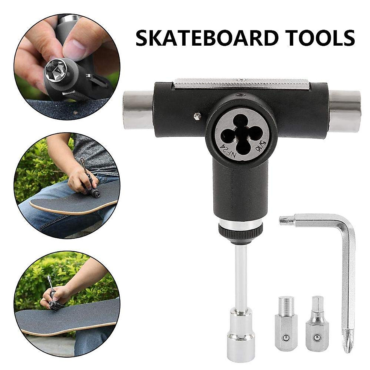 All-in-One Skate Tools, Multi-Function Skateboard Tool with T-Type Allen Key and L-Type Phillips Head Wrench Screwdriver, Ratchet Skate Tool