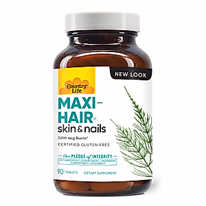 Country Life Maxi-Hair Supplement - 2000mcg Biotin & Vitamins for Hair, Skin & Nails - Certified Gluten-Free & Vegetarian - Supports Hair Growth, 90 Tablets