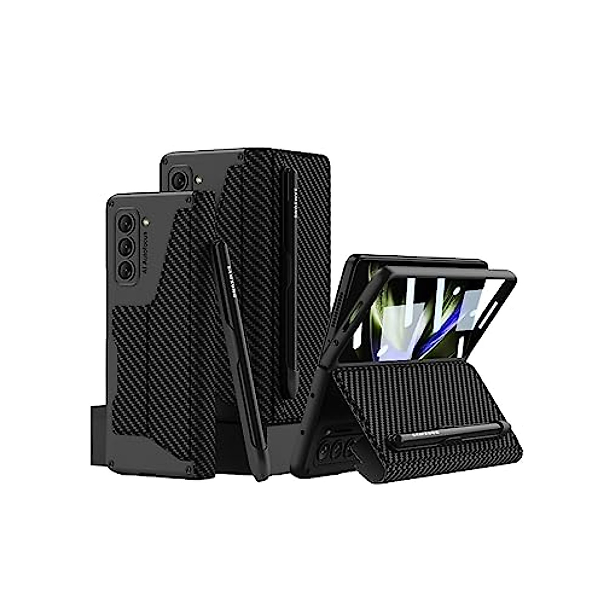 BAILI Galaxy Z Fold 5 Case with S Pen Slot,Galaxy Z Fold5 Flip Holster with HD Screen Film and Attached Card Slot,Instantly Converts Into Phone Bracket Cover for Samsung Z Fold 5-Carbon Fiber Black