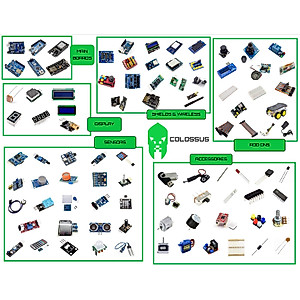 GAR Colossus Starter Kit for Arduino Uno Mega Nano - Complete Advanced Set, 5 Main Boards - 30 Sensors, 10 Shields with ESP32 WiFi + Bluetooth Modules for Wireless Robotics Smart Car