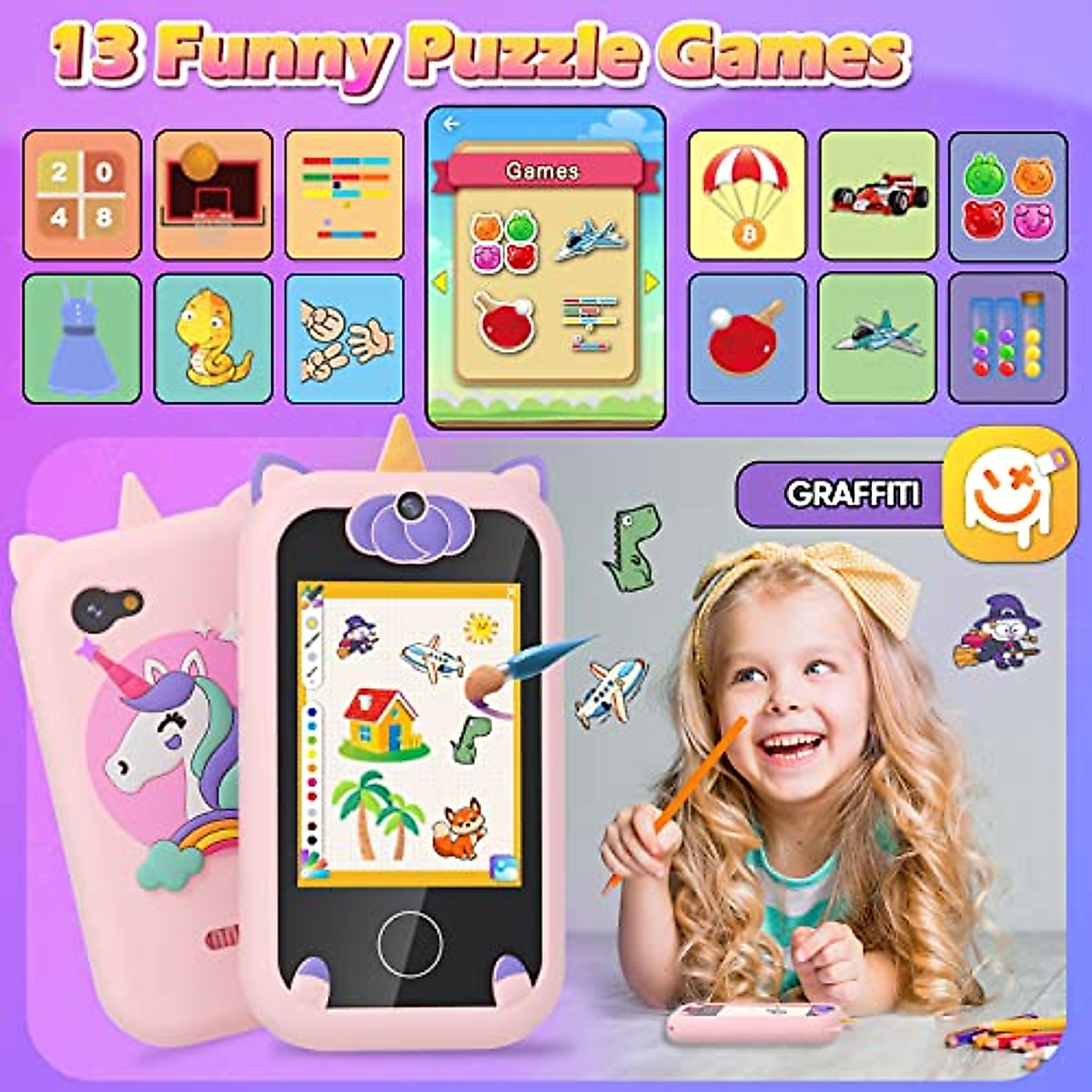 Lizzbey Unicorn Phone for Girls Age 3-8 - Touchscreen Learning Toy with Camera and 8G SD Card