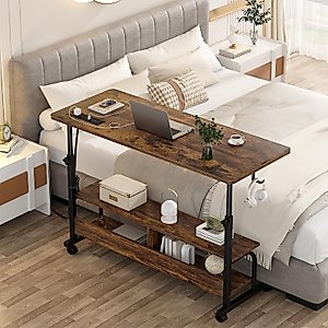 Height Adjustable Standing Desk with Power Outlets, 47" Manual Stand Up Desk with Storage Shelves Small Mobile Rolling Computer Desk Portable Laptop Table with Wheels for Home Office, Rustic