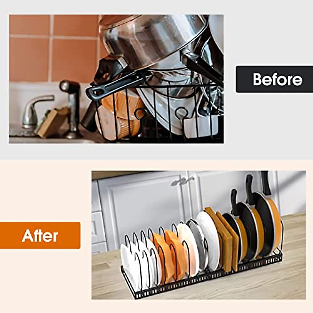 GZHXHMY Expandable Pot and Pan Organizer for Cabinet,Pot Rack with 10 Adjustable Compartment Kitchen Storage (Black)