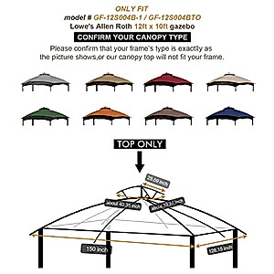 Eurmax USA High Performance Replacement Canopy Top for Lowe's Allen Roth Heavy Duty Gazebo Roof Gazebo Top with Air Vent 10X12 Gazebo Cover #GF-12S004B-1, Replacement Top Only（Brown）