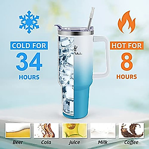 40 oz Tumbler with Handle and Straw Lid, 100% Leak-proof Travel Coffee Mug, Stainless Steel Insulated Cup for Beverages, Keeps Cold for 34Hrs or Hot for 10Hrs, Dishwasher Safe (WhiteBlue)