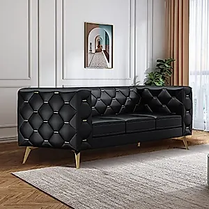 Chesterfield Sofa, 84'' Leather Upholstered 3 Seater Couch with Square Arms and Tufted Back, Mid-Century Modern Sofa with Metal Buckle and Metal Legs Decor for Living Room, Office, Bedroom