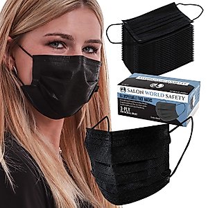 TCP Global Salon World Safety - Sealed Dispenser Box of 50 Black Face Masks Breathable Disposable 3-Ply Protective PPE with Nose Clip and Ear Loops