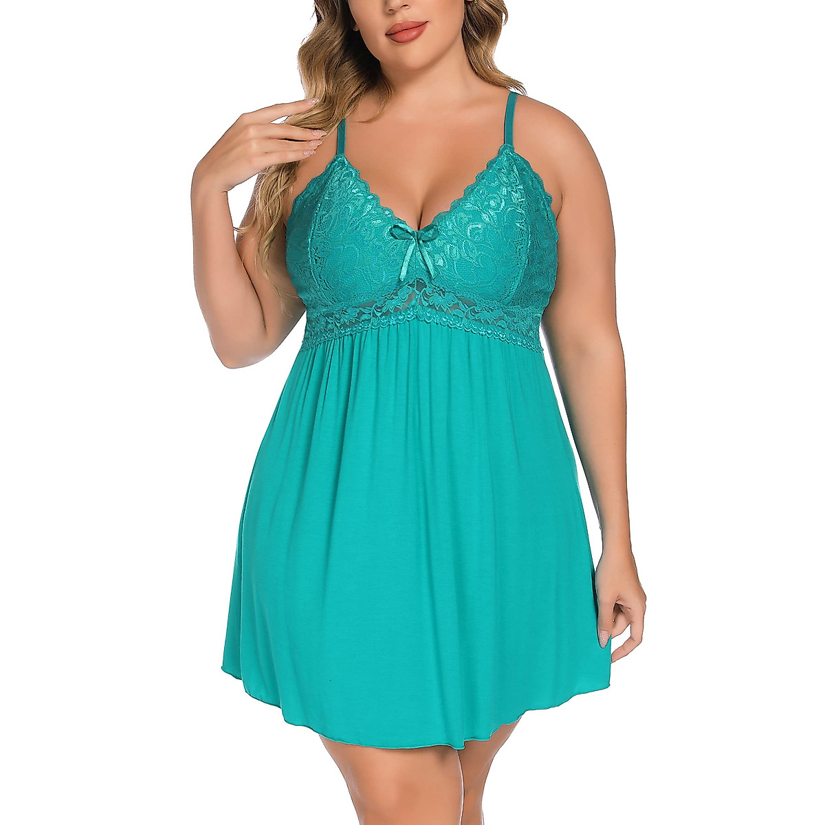 Ababoon Plus Size Lingerie for Women Lace Modal Chemises Nightgown V-Neck Full Slip Babydoll Sleepwear Size L-4XL (Turquoise,Large)