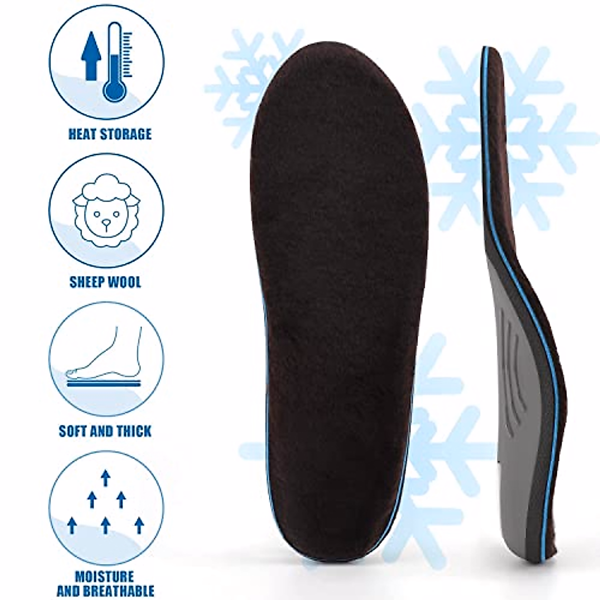 Walkomfy Warm Wool Insoles Winter Thick Outdoor Wool Shoe Inserts, Warm Work Boot Shoe Insoles Arch Support Orthotics Plantar Fasciitis Insoles for Women and Men