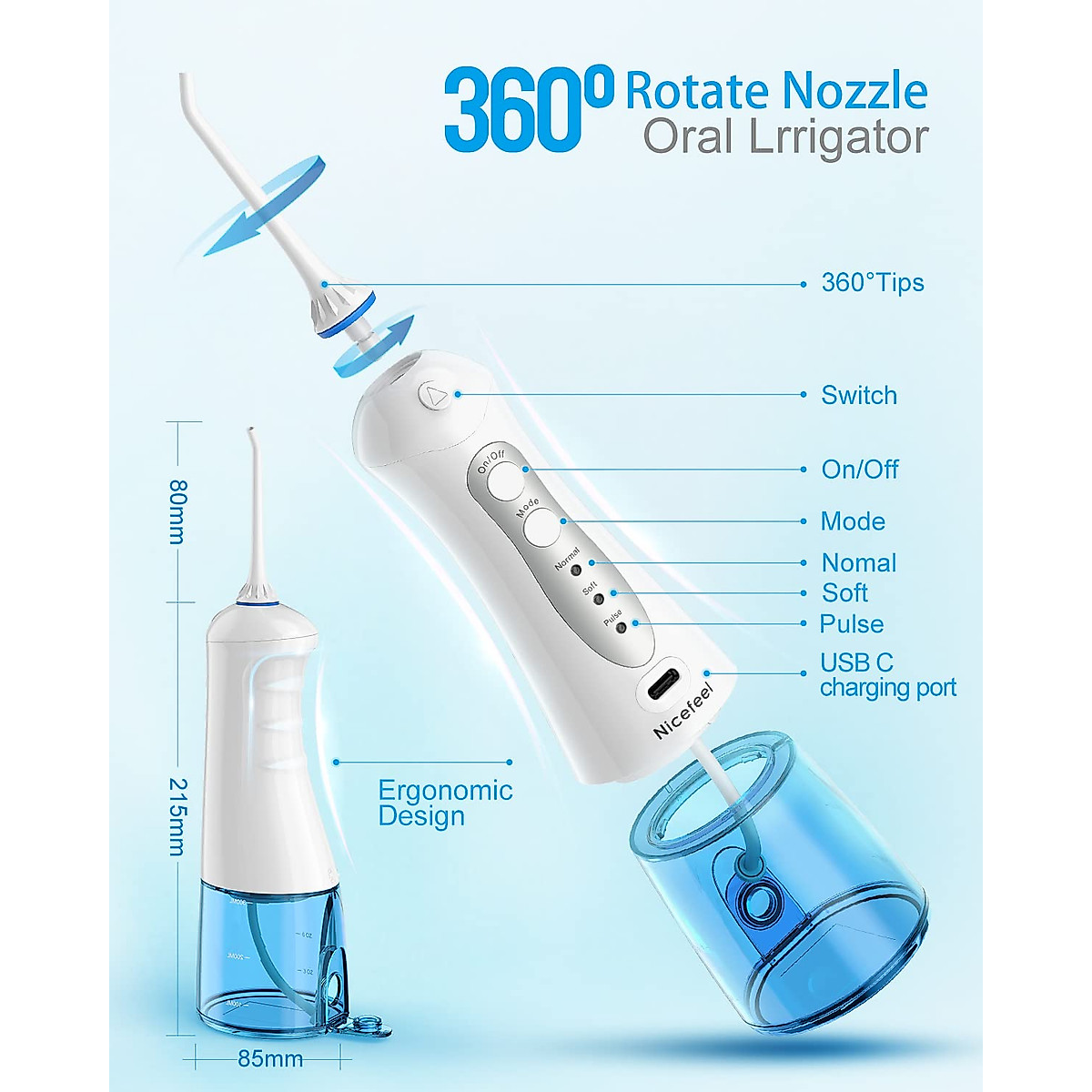 Cordless Water Flosser Teeth Cleaner, Nicefeel 300ML 2 Tip Cases Portable and USB Rechargeable Oral Irrigator for Travel, IPX7 Waterproof, 3-Mode Water Flossing with 4 Jet Tips for Home Blue
