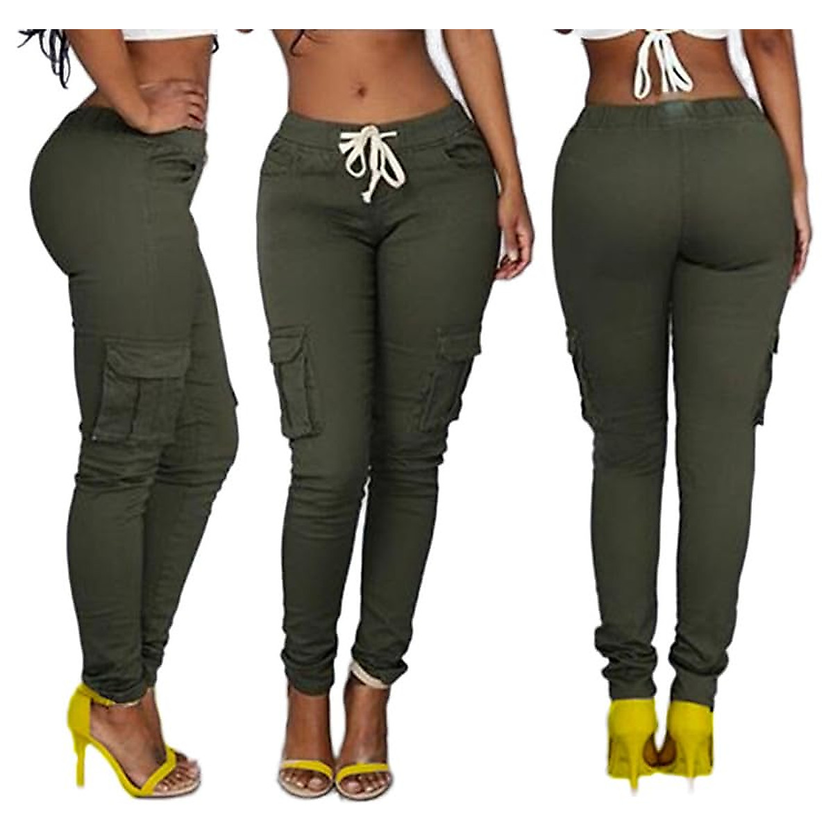 Andongnywell Womens Casual Stretch Drawstring Skinny Pants Cargo Jogger Pants High Waist Tie Butt Lift Pant with Pockets (White,X-Large)