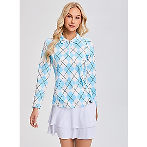 Women Long Sleeve Moisture Wicking Sport Golf Polo Shirt Tops（Blue Plaid,S