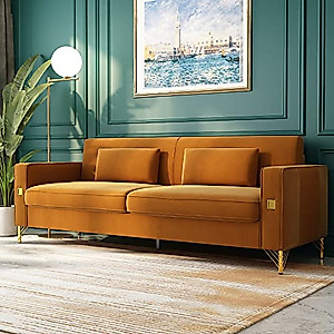 ANTTYBALE 85.63" Velvet Sofa,Modern Loveseat Couch with Pillows Set of 2 for Living Room,Bedroom,Apartment Furniture with Gold Metal Legs (Orange)