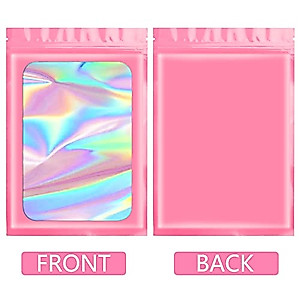 Funfery 100 pcs Pink Mylar Holographic Bags Packaging Bags,Clear Seal Resealable Smell Proof Bags Foil Pouch Bags for Food Storage and Lipgloss,Jewelry,Eyelash Packaging for Small Business(3x4.7In)