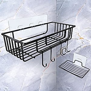 Shower Caddy Bathroom Shelves Organizer - Stainless Steel Shower Shelf Adhesive Kitchen Storage Rack with Soap Dish Razor and Towel Hooks (Black)