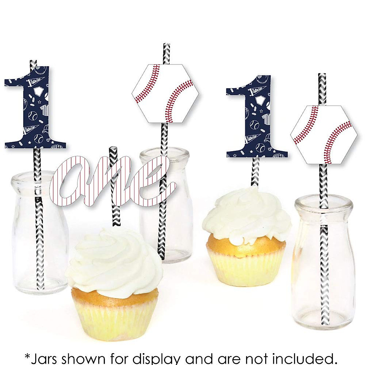 Big Dot of Happiness 1st Birthday Batter Up - Baseball - Paper Straw Decor - First Birthday Party Striped Decorative Straws - Set of 24