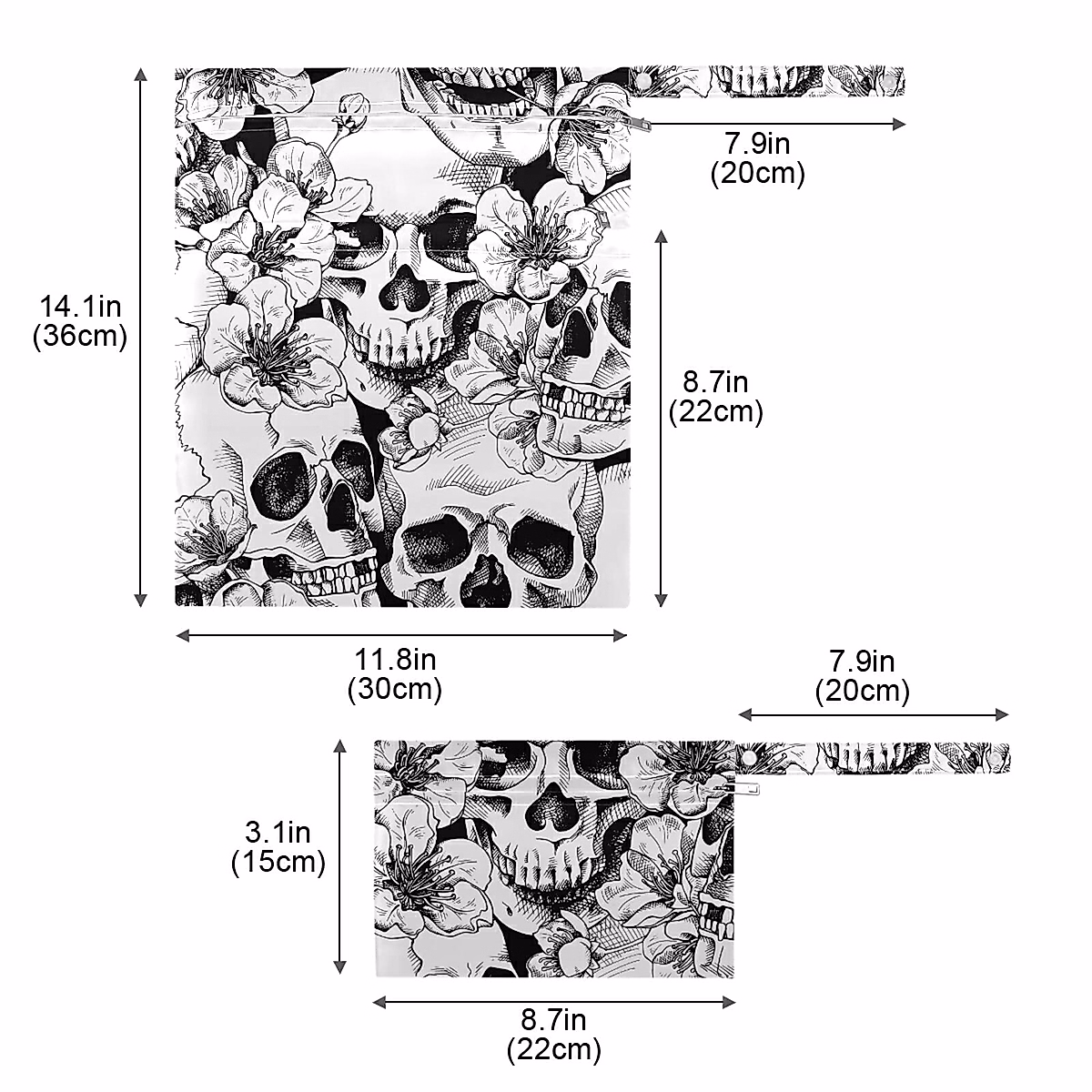 xigua 2 Pack Wet Dry Bags for Cloth Diaper Waterproof Swimsuits Bag with Handle Wristlet for Travel Beach Pouch, Abstract Skull Black White