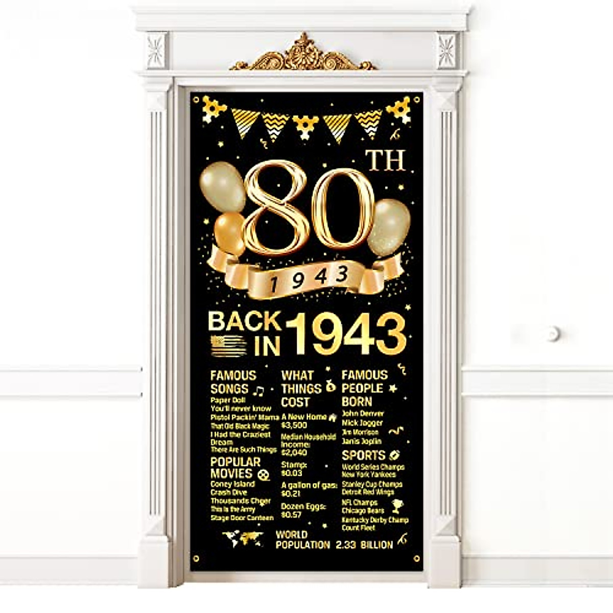 80th Birthday Door Cover Banner Decorations, Black Gold Happy 80th Birthday Door Cover Party Supplies, Large Eighty Year Old Birthday Poster Backdrop Sign Decor