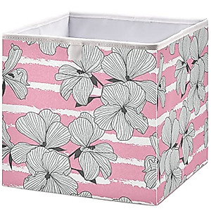 visesunny Closet Baskets Elegant Flower Pink Stripe Storage Bins Fabric Baskets for Organizing Shelves Foldable Storage Cube Bins for Clothes, Toys, Baby Toiletry, Office Supply