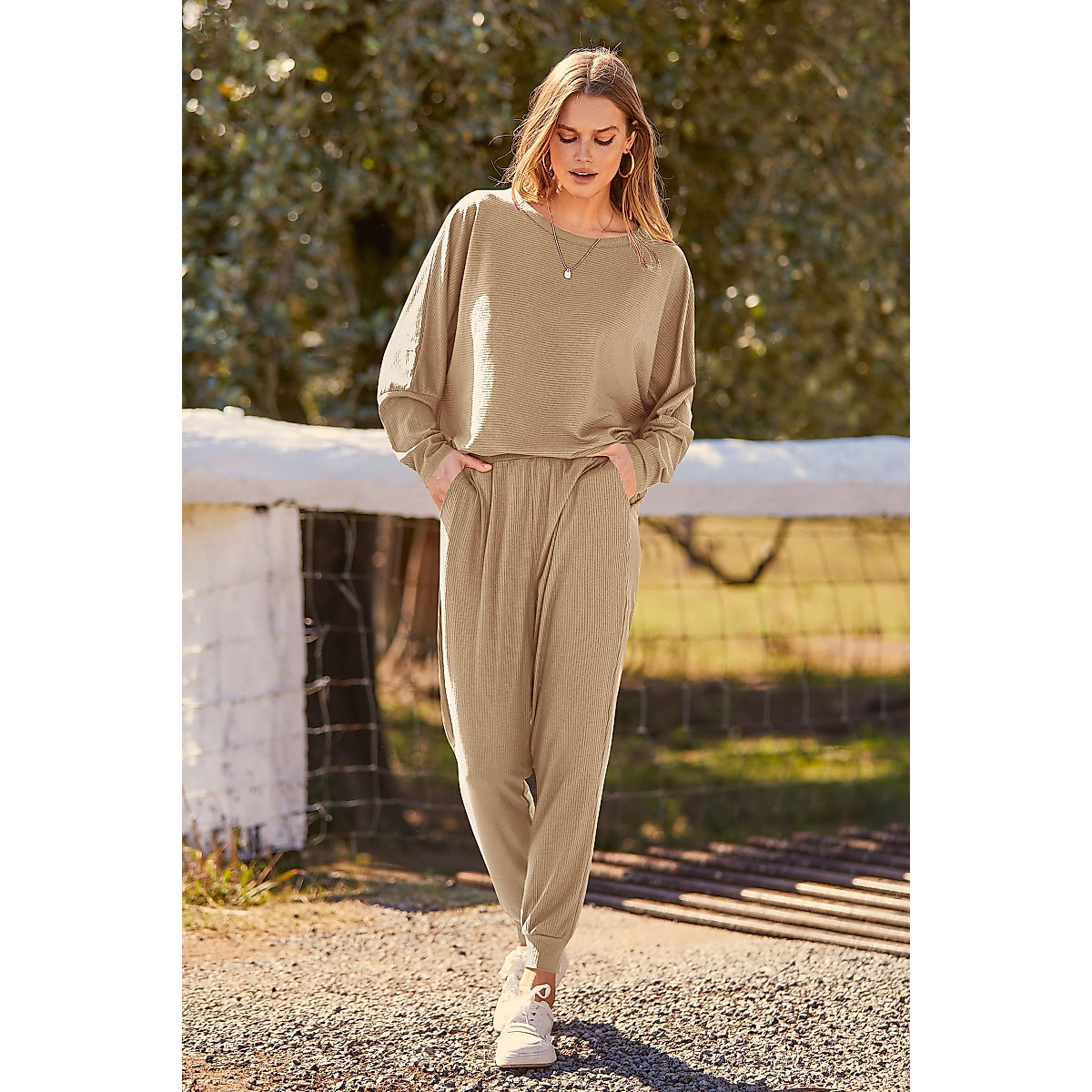 PRETTYGARDEN Women's Fall Fashion Outfits 2 Piece Sweatsuit Long Sleeve Pullover Long Pants Ribbed Matching Lounge Set (Khaki,Medium)