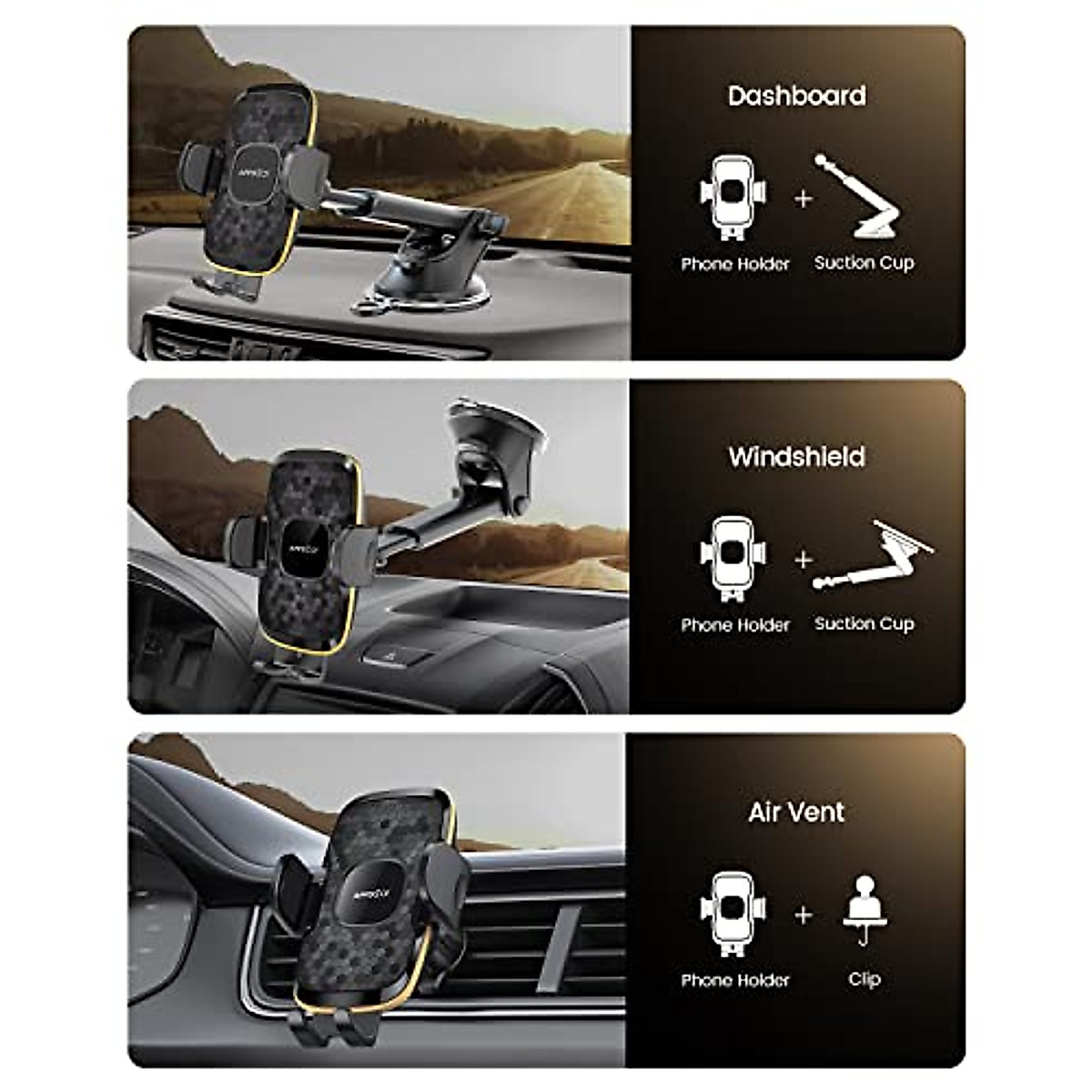 APPS2Car Windshield Phone Mount for Car, 3-in-1 Universal Hook Vent Dashboard Suction Cup Phone Holder for Car/Truck/SUV Compatible with 4-6.5'' Phone, iPhone 13/12 Series/Samsung and More