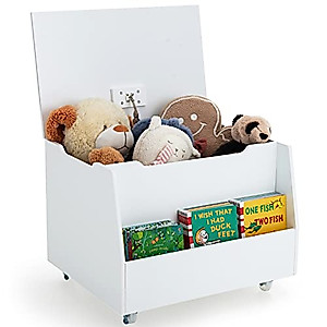 HONEY JOY Kids Wooden Toy Box, 3-In 1 Large Toy Storage Chest with Bookshelf, Flip-Top Lid, Safety Hinge & Cut-out Handle, Toddler Toy Storage Bench with Wheels, for Nursery, Bedroom, Playroom, White