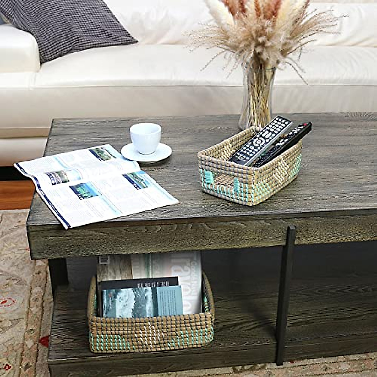 Wicker Storage Baskets, Set of 3, Handmade Natural Boho Home Decor, Seagrass Shelf Basket, Rectangular Woven Basket, Natural Basket for Organizing, Decorative Basket with Handles