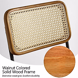 Art Leon Rattan Dining Chairs, Set of 2, Rubber Wood Frame, Mid Century Modern Dining Room Chairs with Rattan Woven Back, Faux Leather Upholstered Kitchen Chairs with Black Metal Legs, Yellow Brown