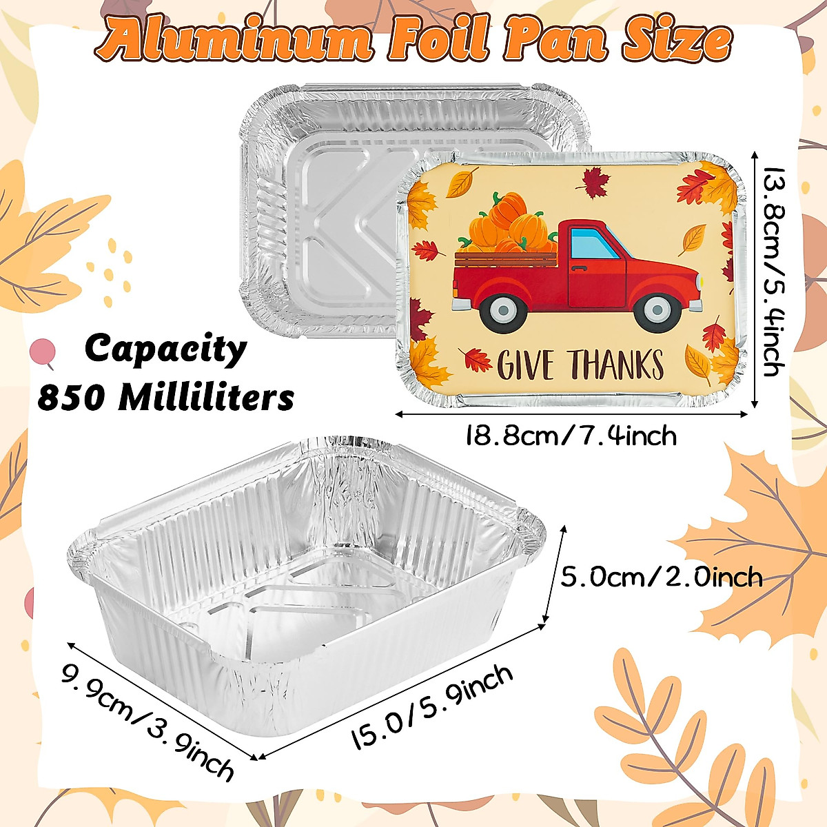 MALLMALL6 40Pcs Thanksgiving Tin Foil Containers with Lids for Treat Exchange & Goody Party Leftovers, Harvest Themed Cardboard Covers Autumn Aluminum Disposable Food Storage Pan 7.4" W X 5.4" L X 2"