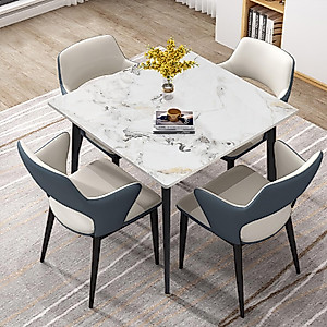 Sintered Stone Tabletop Iron Legs Dining Table 31.5" White Modern Contemporary Square Marble Metal Glossy Storage