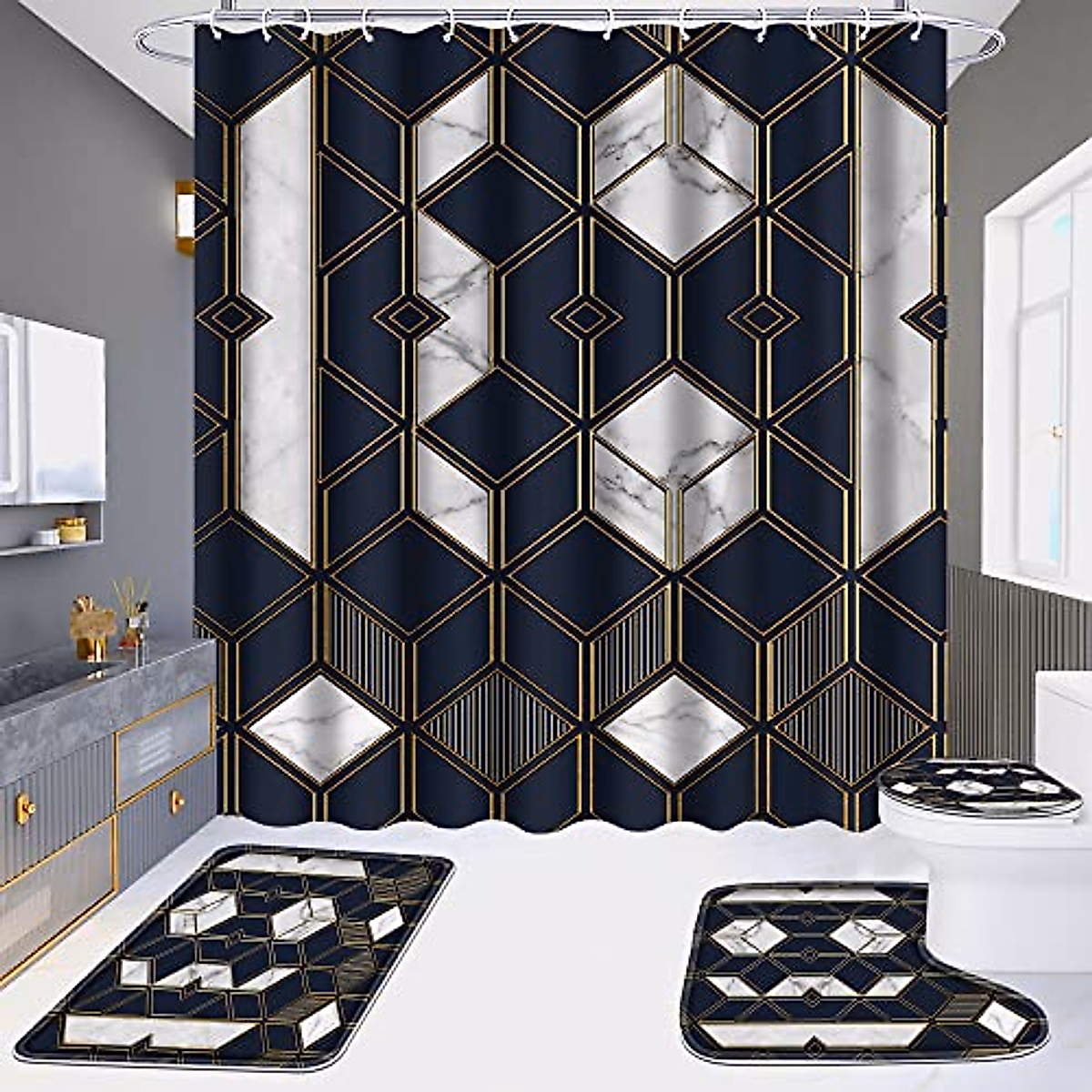 YOKYHOM Bathroom Sets, 4 Piece Geometric Bathroom Shower Curtain Sets with Rugs (Black), Incl 71'' x 71'' Polyester Waterproof Shower Curtain with 12 Hooks, Non Slip Bath Mats and Toilet Lid Oval Rug