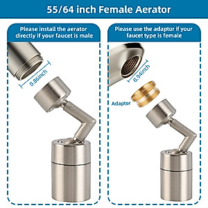 2-Flow Bathroom Faucet Aerator with 3 Adapters, 720-Degree Swivel Female Thread Faucet Aerator with Male Adapter, Water Saving Kitchen Sink Aerator, Brushed Nickel Faucet Extender Attachment
