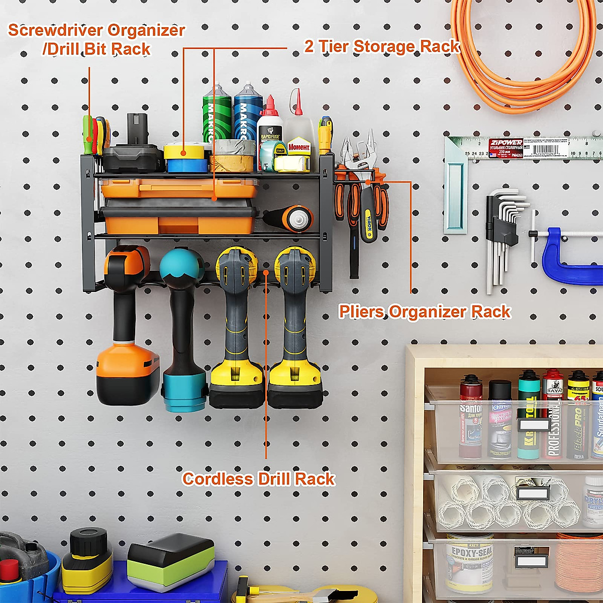Power Tool Organizer Heavy Duty Floating Tool Shelf 3 Layers Metal Power Tool Holder Organization Garage Wall Mounted Utility Storage Rack for Cordless Drill Charging Station Screwdriver